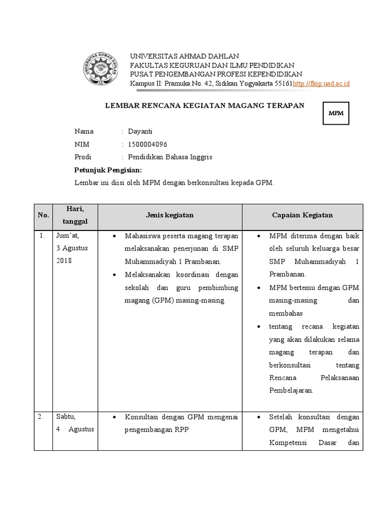 Lembar Rencana Dan Kegiatan Harian Magang | PDF