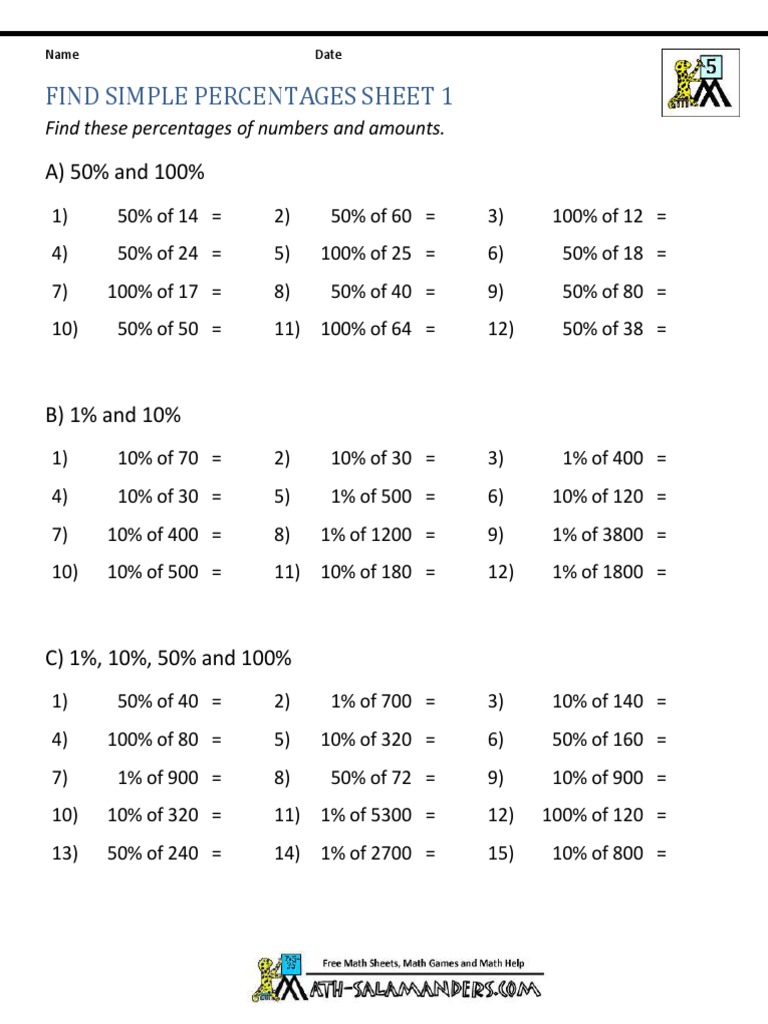 Find Simple Percentages Sheet 1: A) 50% and 100% | PDF