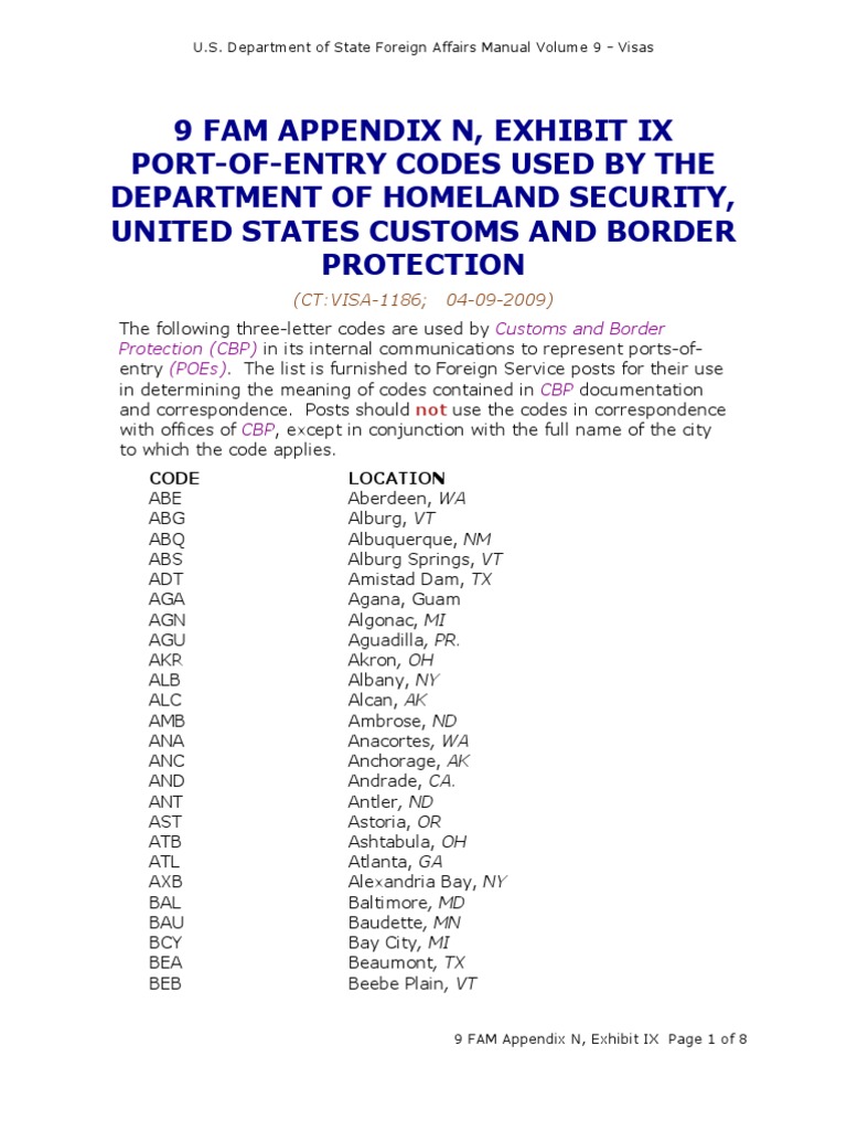 9 Fam Appendix N, Exhibit Ix Port-Of-Entry Codes Used by The Department ...