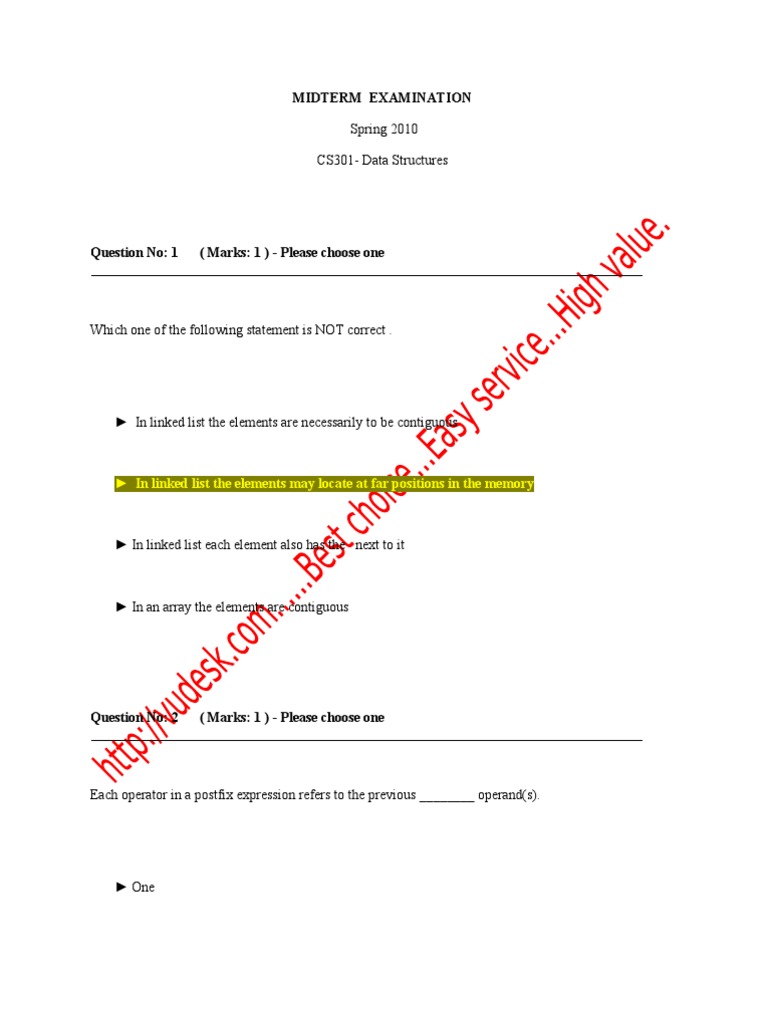 Cs301 02 Mid Spring 20101 My Comp Let File Pdf Array Data Structure Pointer Computer