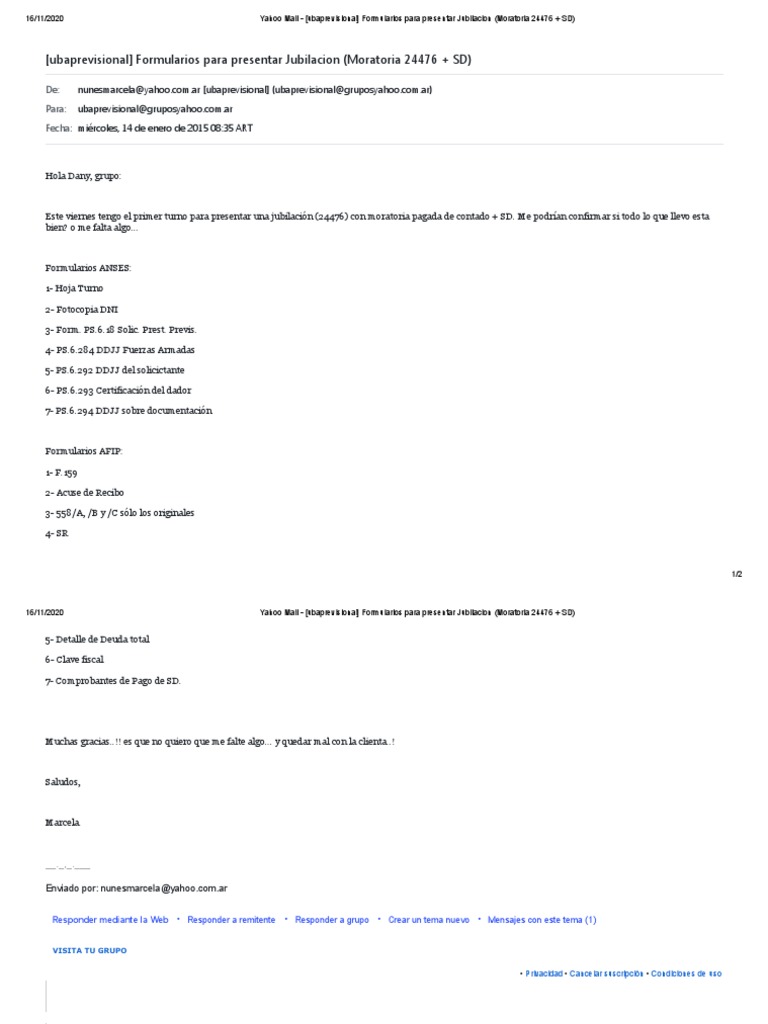 Yahoo Mail - (Ubaprevisional) Formularios para Presentar Jubilacion (Moratoria 24476 + SD) | PDF