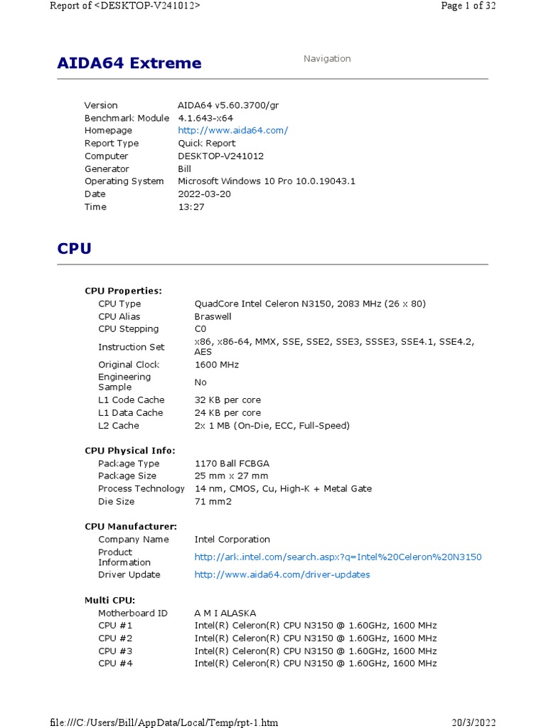 Aida Report | PDF | Central Processing Unit | Integrated Circuit