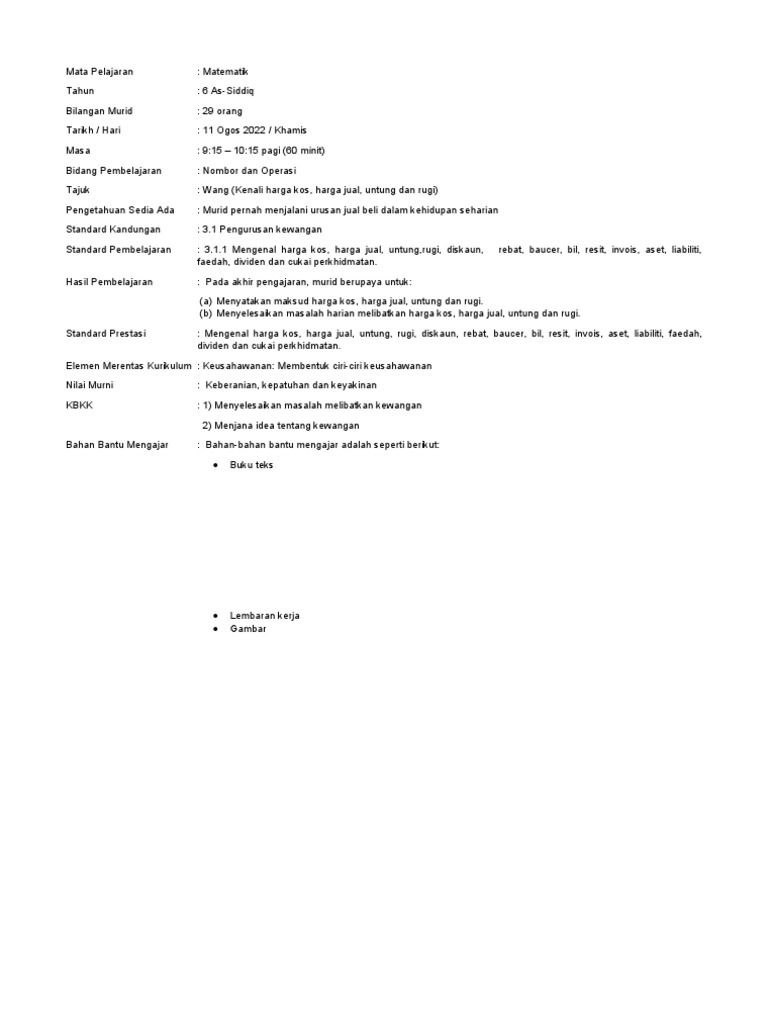 RPH Matematik (Wang) 6as - 11.8.2022 | PDF