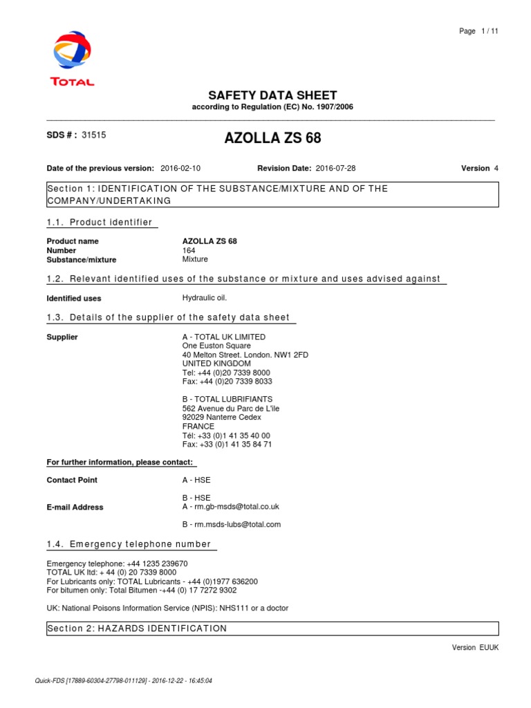 azolla 68 zs msds | PDF | Toxicity | Waste