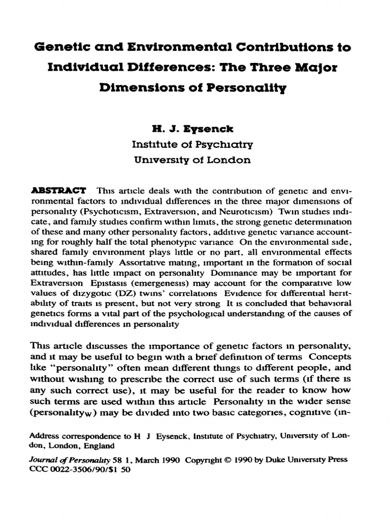 (Eysenck, 1990) Genetic and Environmental Contributions To Individual ...