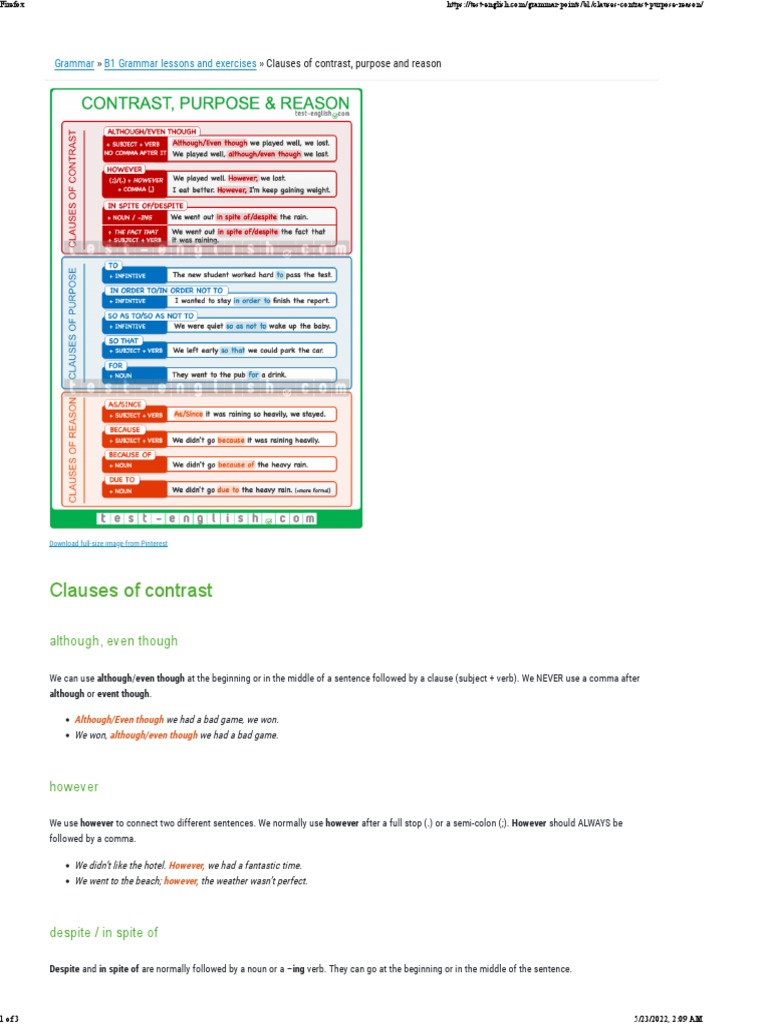 Clauses of Contrast and Purpose Explained | PDF | Verb | Sentence ...