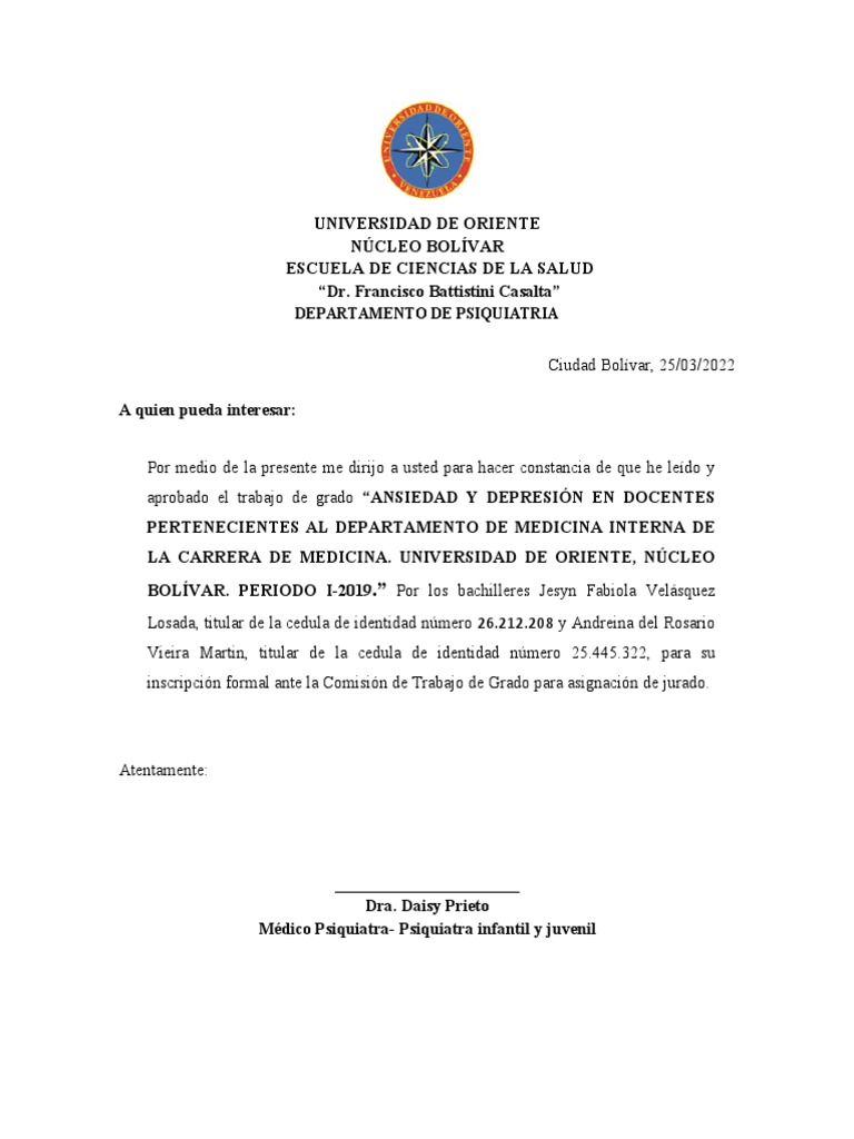 Carta Aval Dra Daisy Prieto | PDF | Relaciones personales, crianza y ...