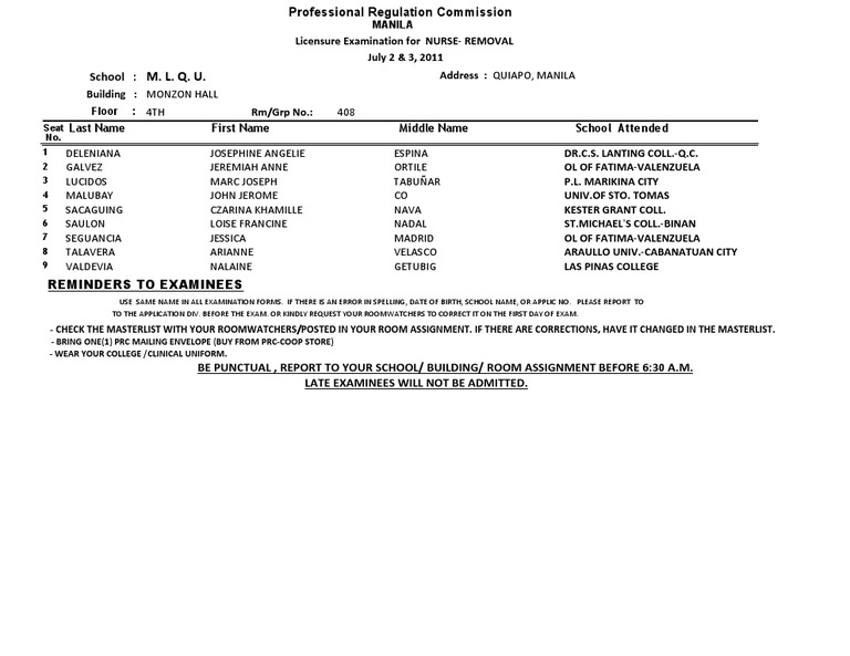 PRC Nursing Exam Room Assignment Guide | PDF | Science & Mathematics
