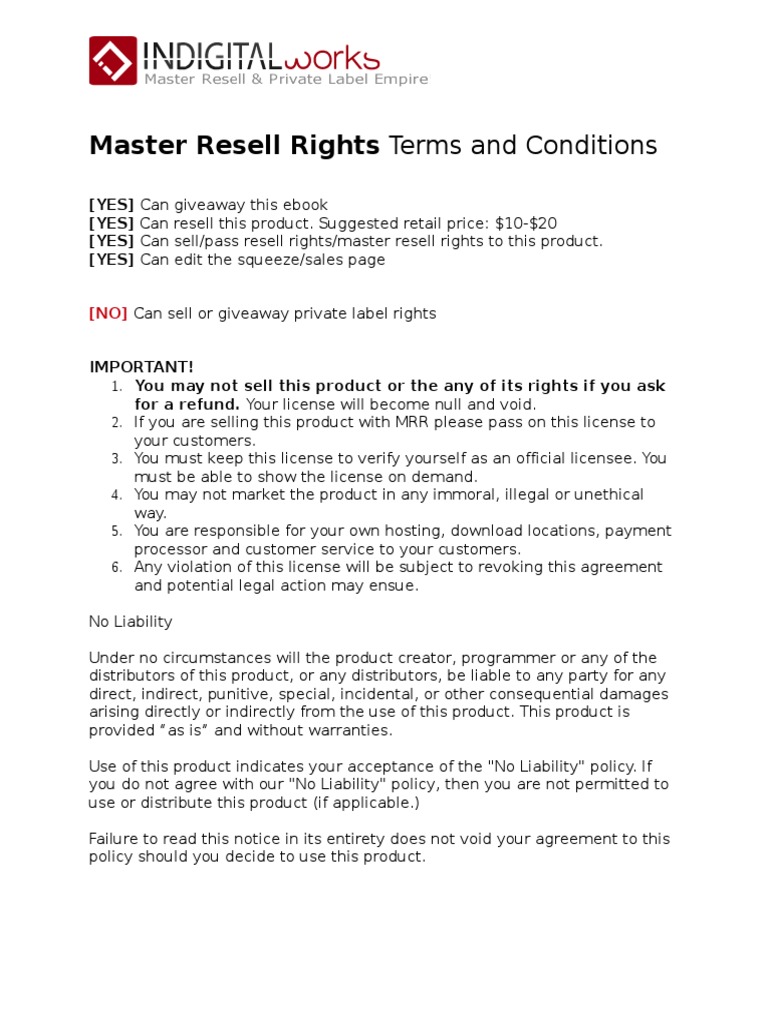 Master Resell Rights Terms and Conditions | PDF