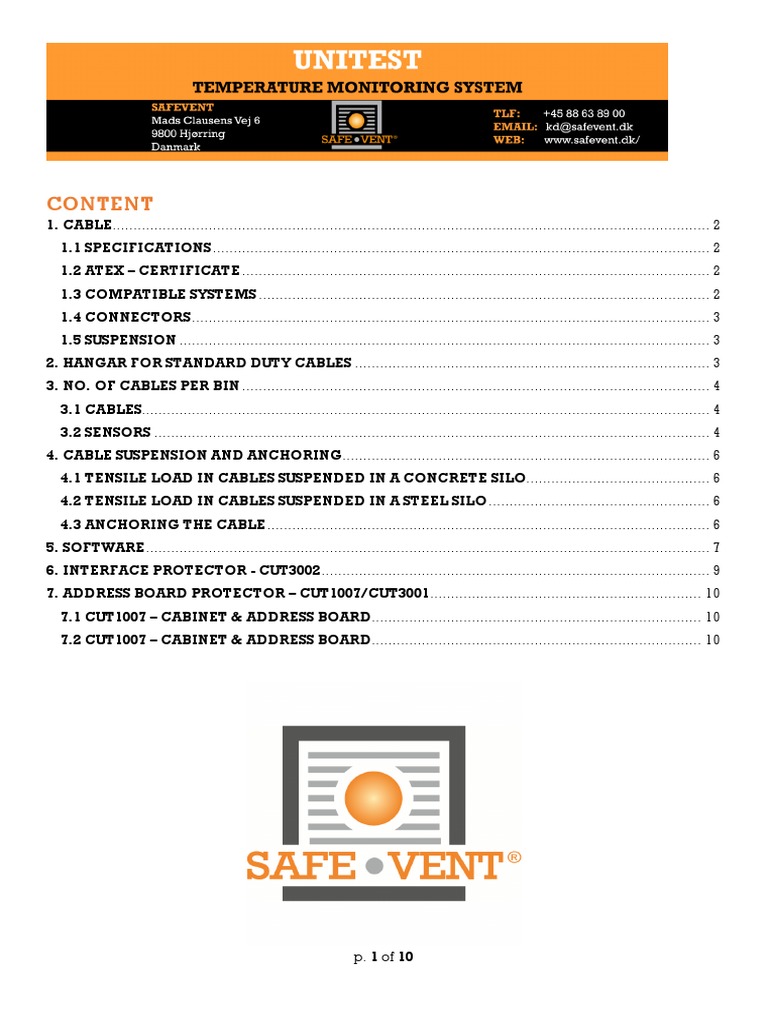 Datablad Til Temperaturovervaagningssystem Model Unitest Safevent | PDF ...