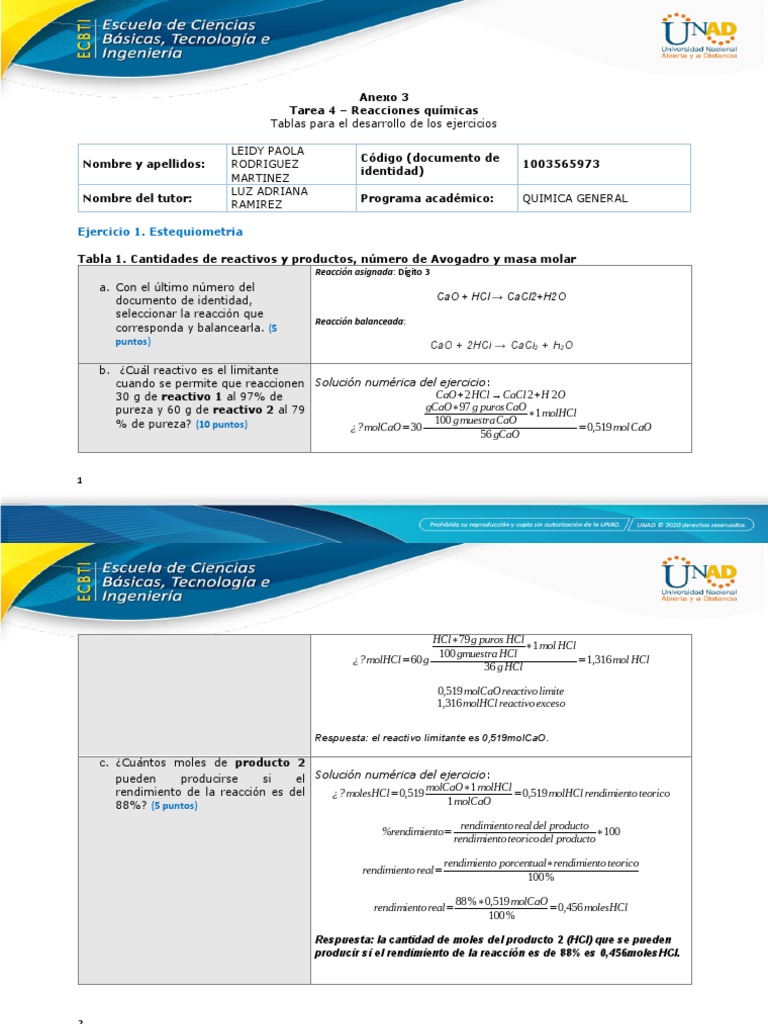 Anexo 3 - Tarea 4 - Reacciones Químicas | PDF | Equilibrio químico | Reacciones químicas