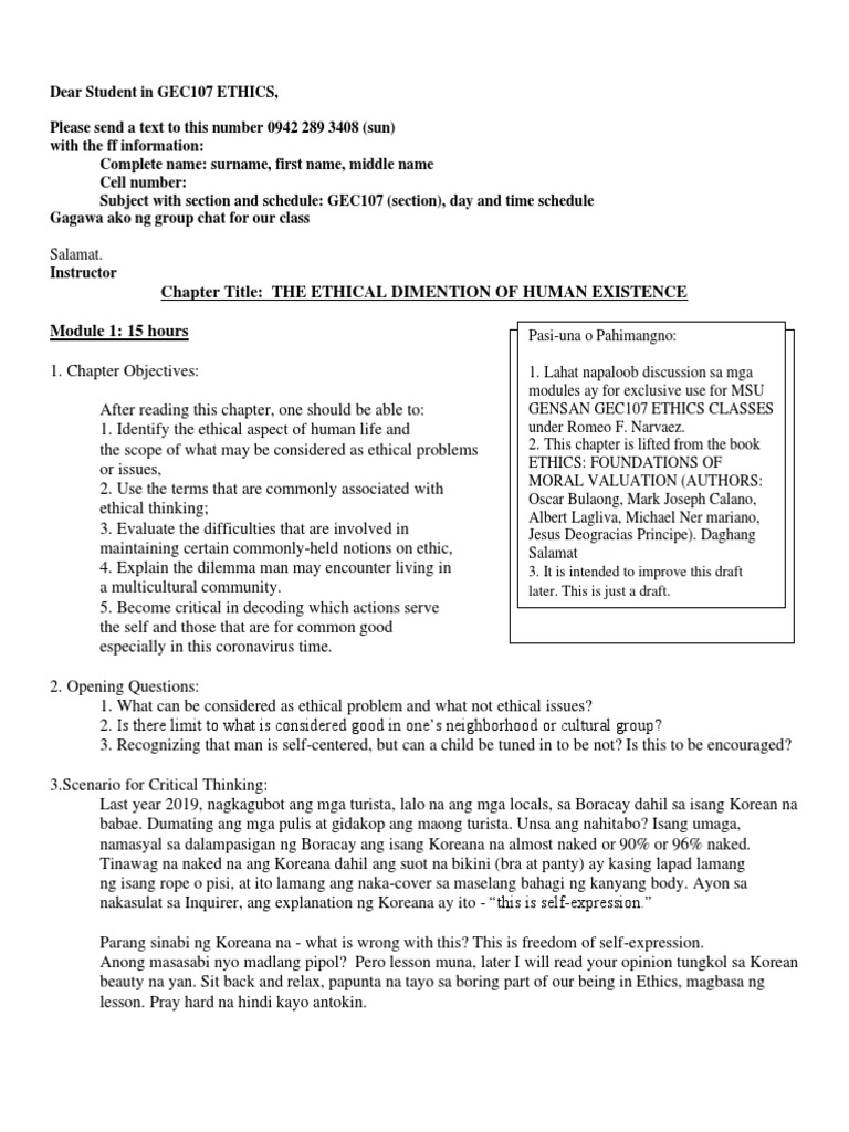 Module 1 Gec107 Ethics 1ST Sem 2020 2021 Covid 19 | PDF | Psychological Egoism | Morality