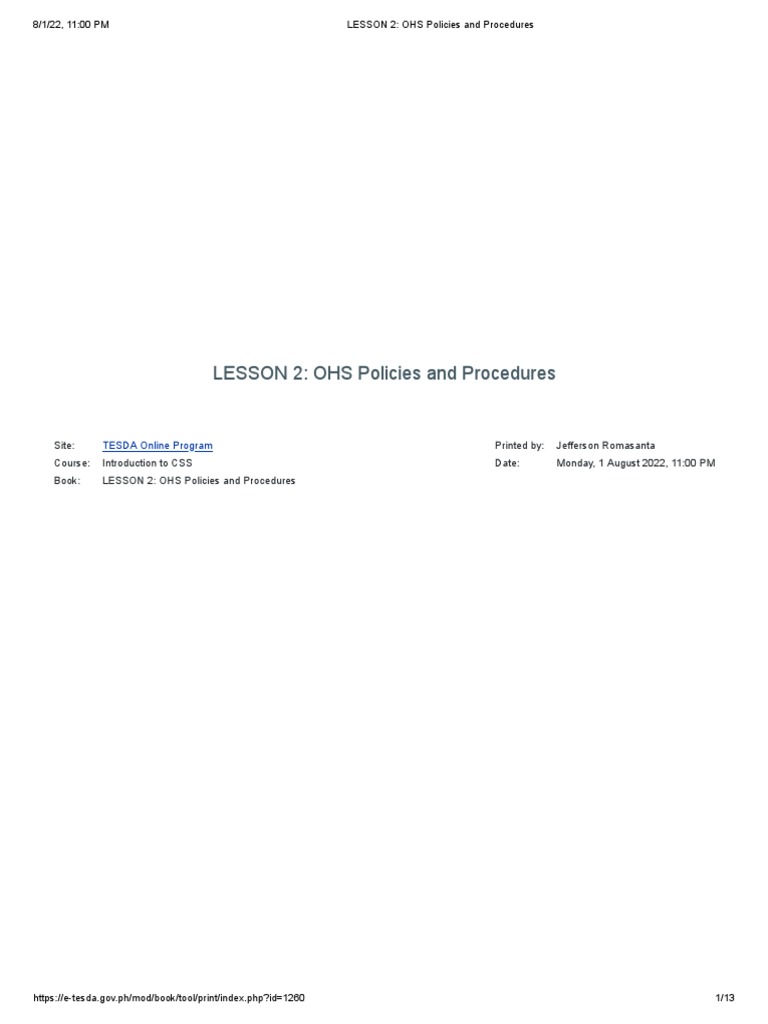 LESSON 2 - OHS Policies and Procedures | PDF | Occupational Safety And ... LESSON 2 - OHS Policies and Procedures | PDF | Occupational Safety And ...