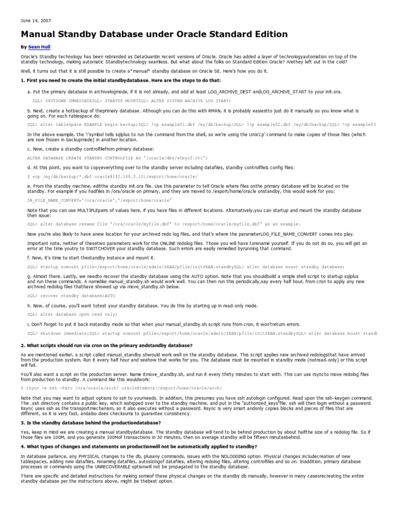 Manual Standby Database Under Oracle Standard Edition | PDF | Secure Shell | Databases