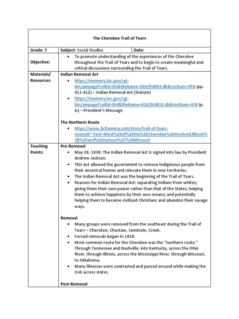 Cherokee Trail of Tears Lesson Plan | PDF | Trail Of Tears | Contiguous ...