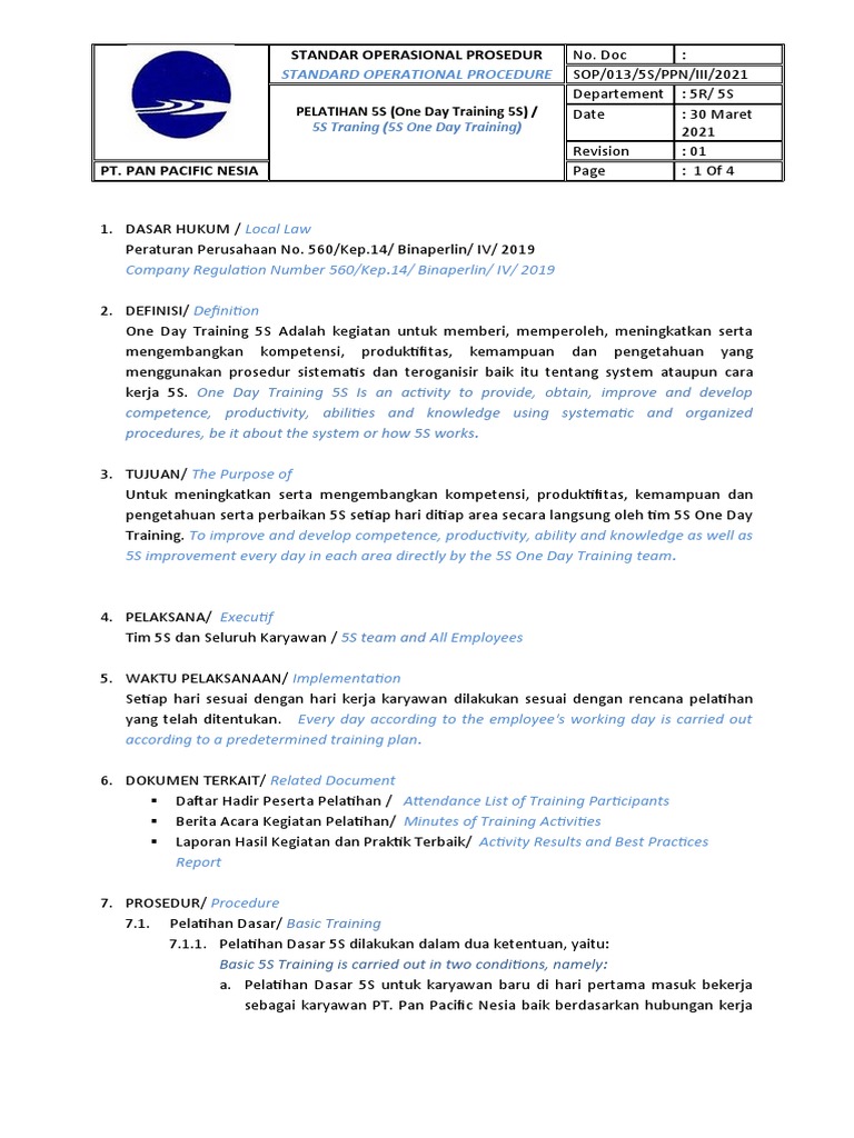 Sop Pelatihan 5S | PDF | Karier & Perkembangan