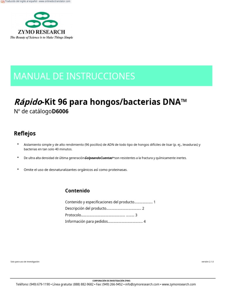 d6006 Quick-Dna Fungal-Bacterial 96 Kit - En.es | PDF | Las bacterias | Química