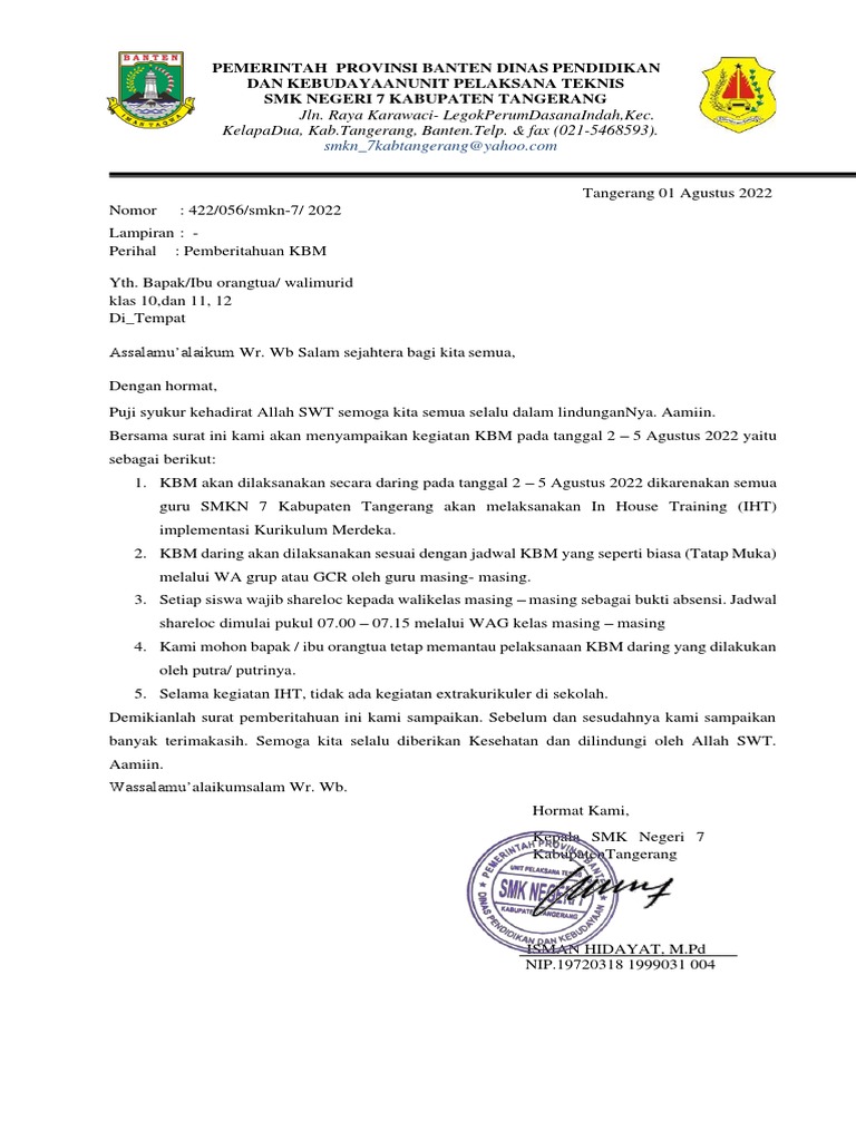 Pemberitahuan KBM Daring SMKN 7 Tangerang | PDF