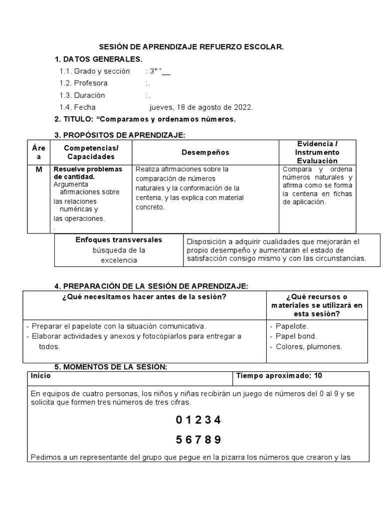 Sesión de Aprendizaje Refuerzo Escolar | PDF | Conceptos psicologicos | Cognición