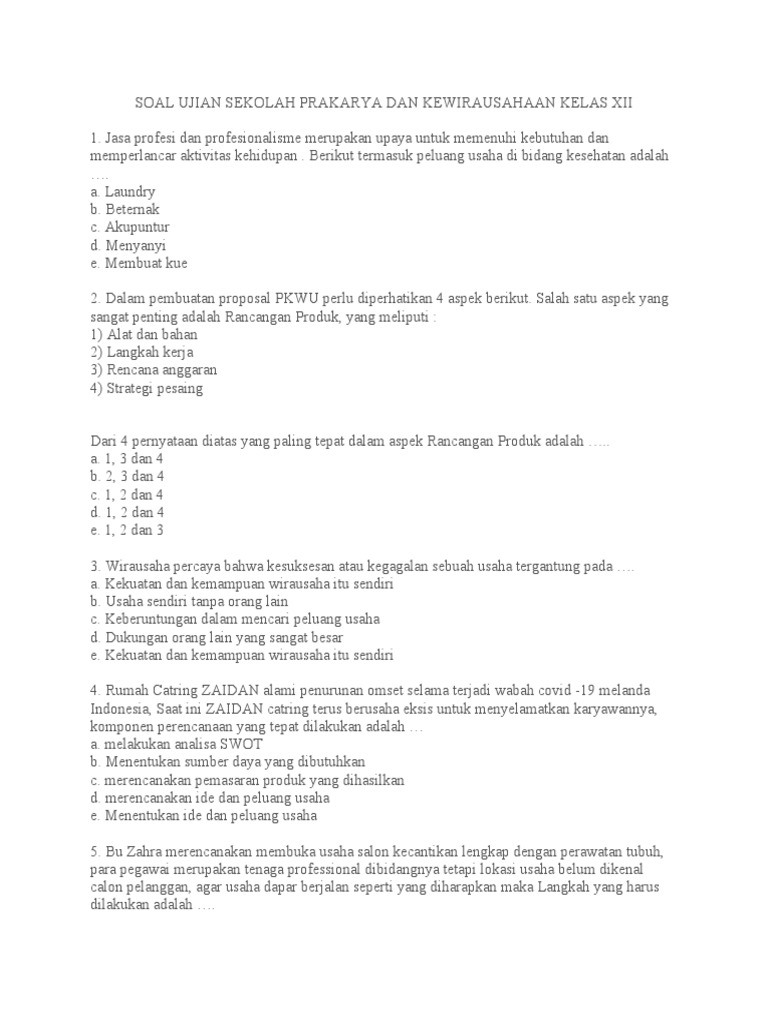 Soal Ujian Sekolah Prakarya Dan Kewirausahaan Kelas Xii | PDF