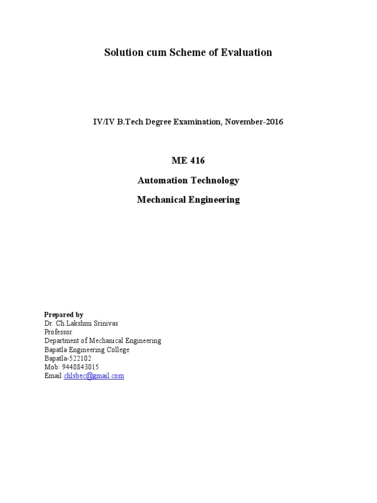 Solution Cum Scheme of Evaluation: ME 416 Automation Technology ...
