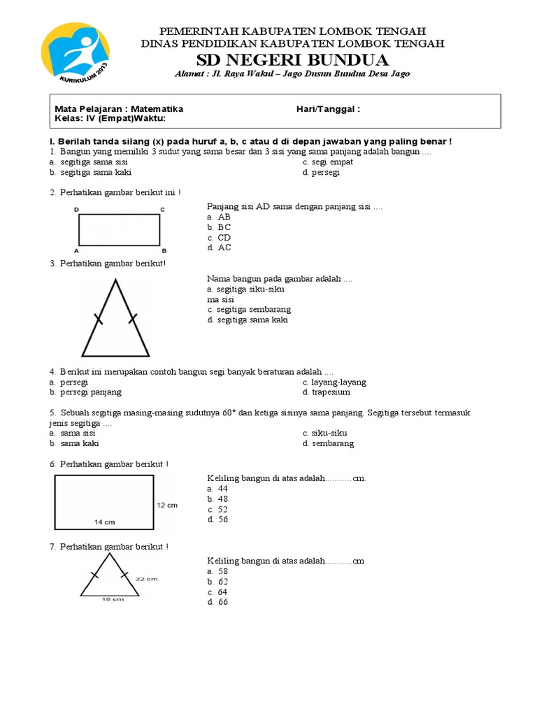 Soal PTS-Matematika Kelas 4 Semester 2 Tahun Ajaran 2021-2022 | PDF