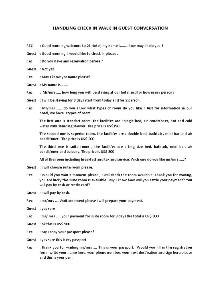 Handling Check in Walk in Guest Conversation | PDF