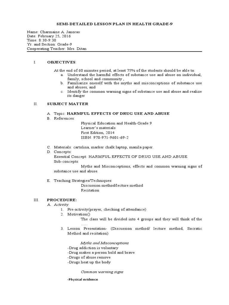 Semi-Detailed Lesson Plan in Health Grade-9: Myths and Misconceptions ...
