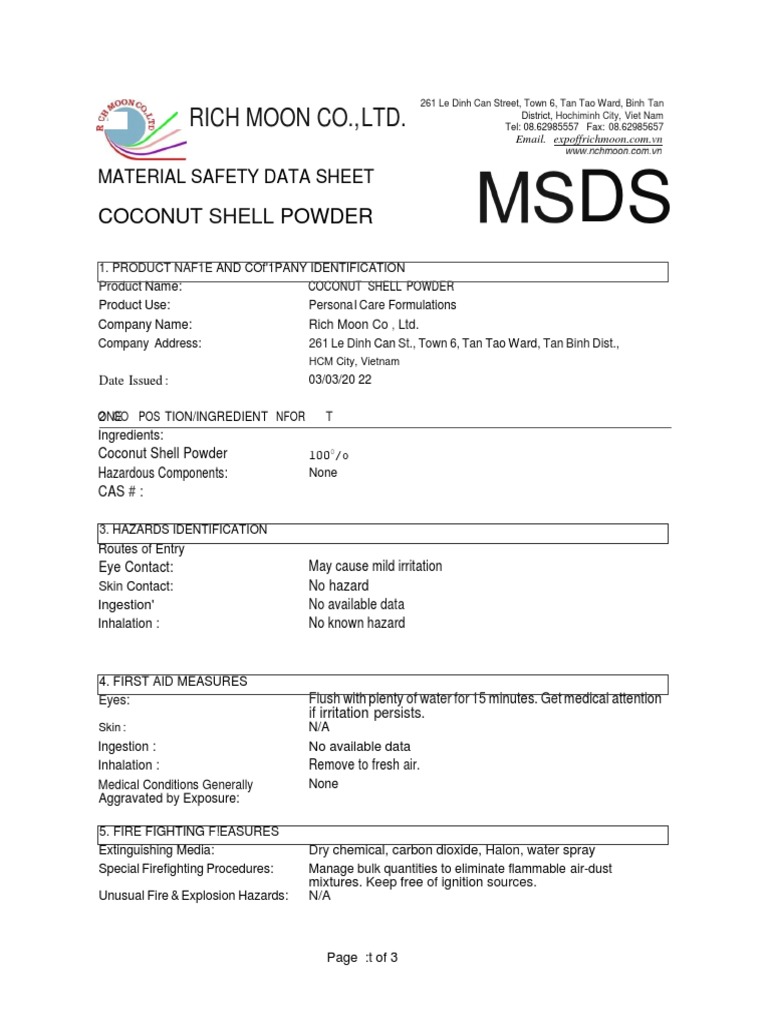 MSDS_COCONUT SHELL POWDER | PDF | Water | Firefighting