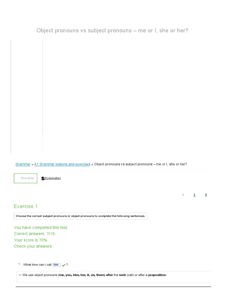 Object Pronouns Vs Subject Pronouns - Me or I, She or Her?: Exercise 1 ...