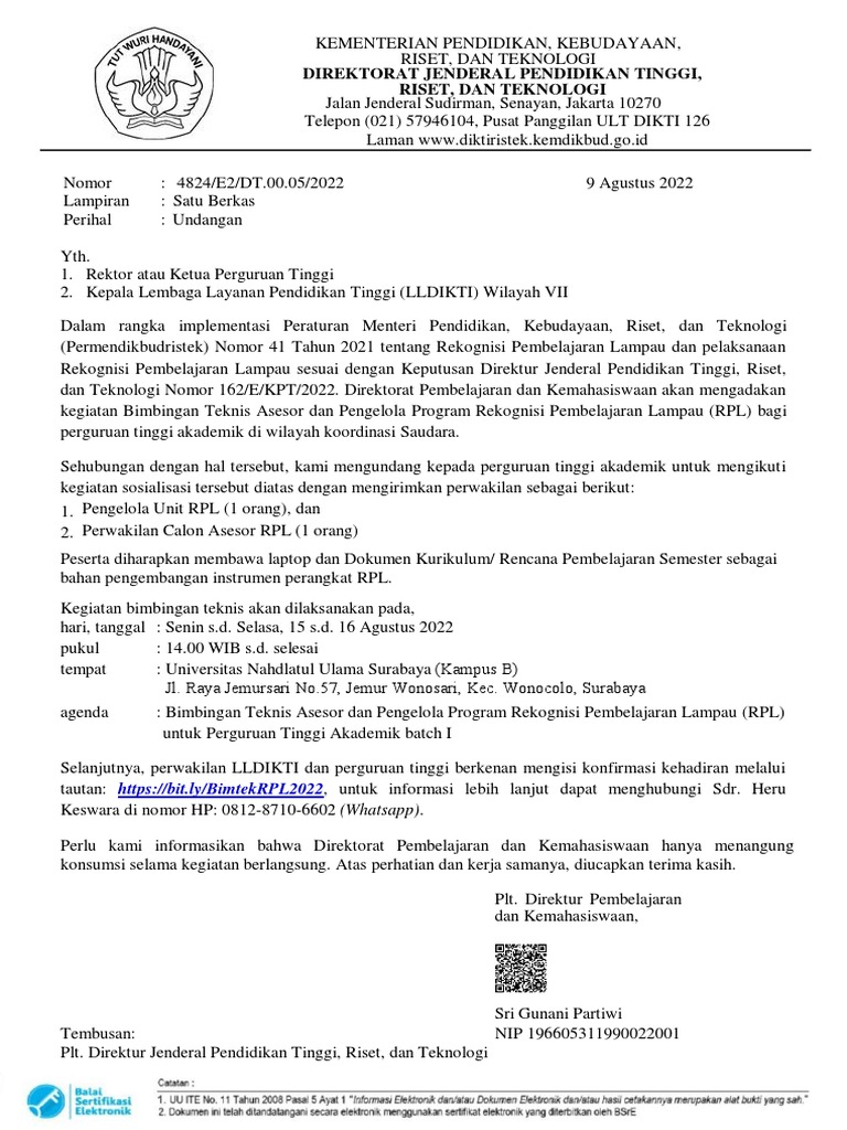 Undangan Ke PT, Bimtek RPL, 15-16 Agt 2022 | PDF
