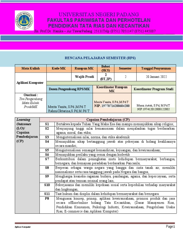 Rps Aplikasi Komputer PJBL 2022 | PDF