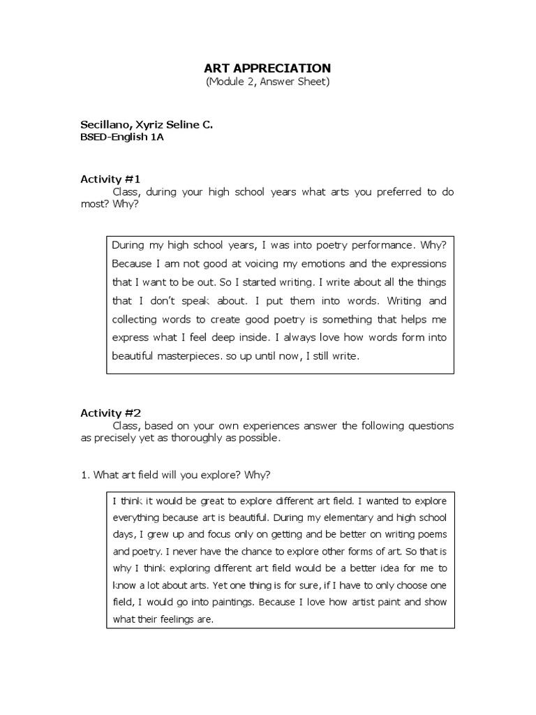 Art Appreciation: Secillano, Xyriz Seline C | PDF | Feeling | The Arts