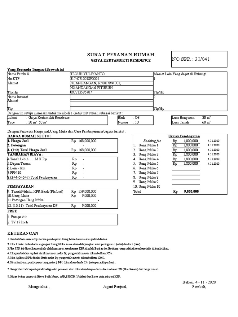 Surat Pesanan Rumah: NO SPR: 30/041 | PDF