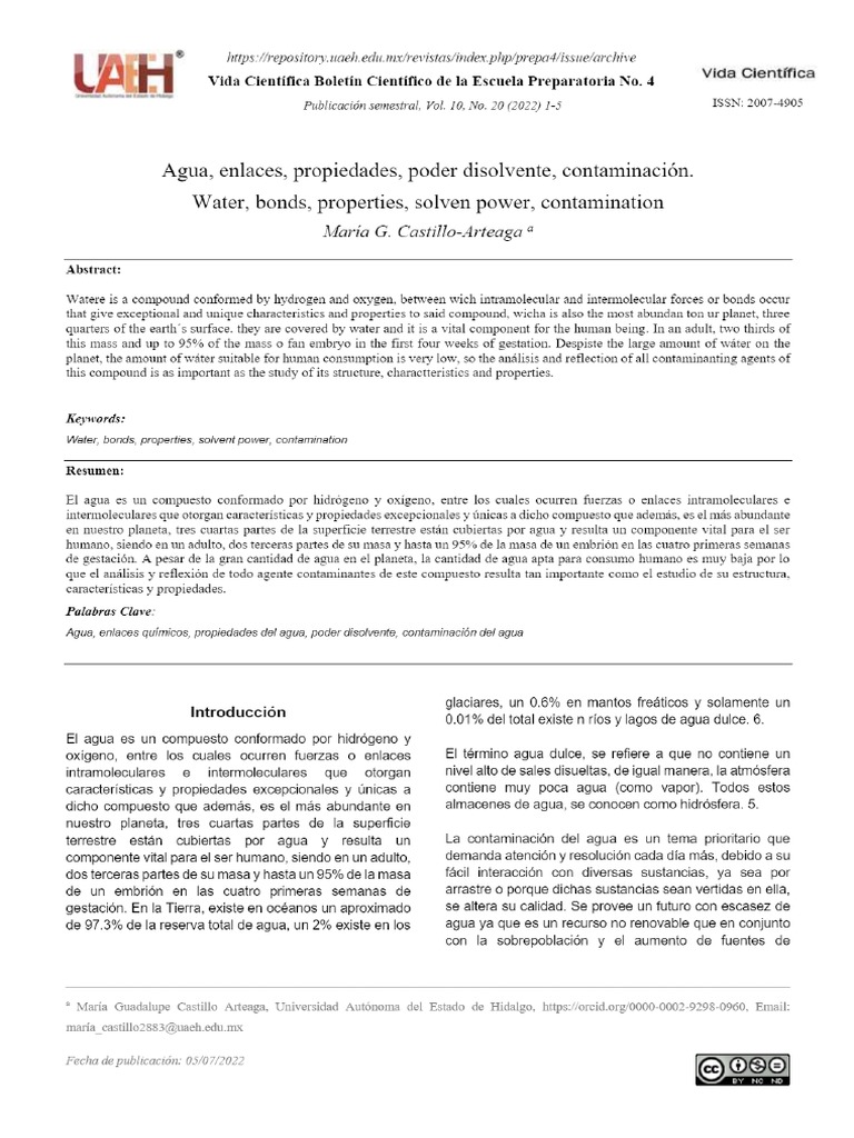 Vista de Agua, Enlaces, Propiedades, Poder Disolvente, Contaminación | PDF