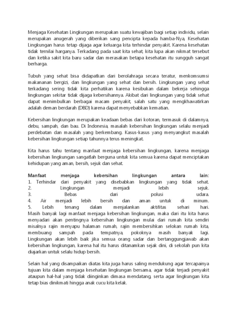 Manfaat Menjaga Kebersihan Lingkungan Antara Lain | PDF