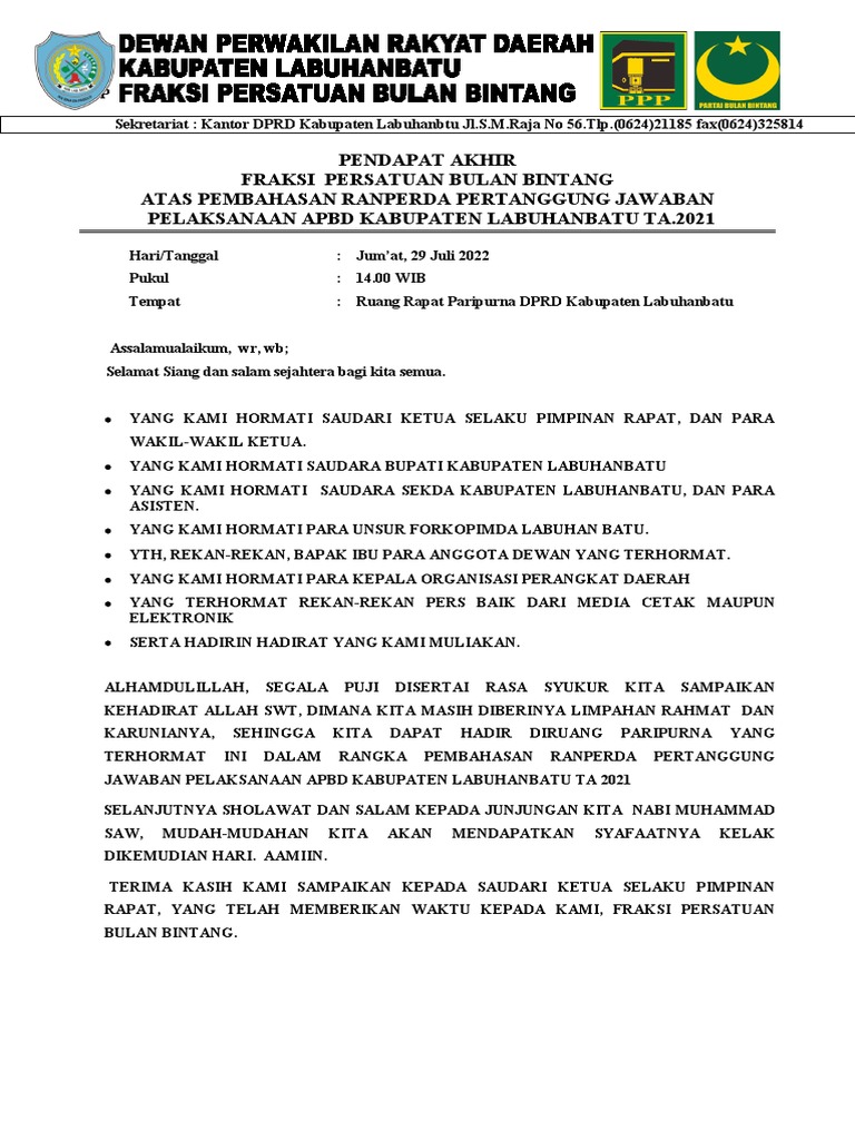 Pendapat Akhir Pembahasan Ranperda Pertanggung Jawaban Pelaksanaan Apbd Ta 2021 | PDF