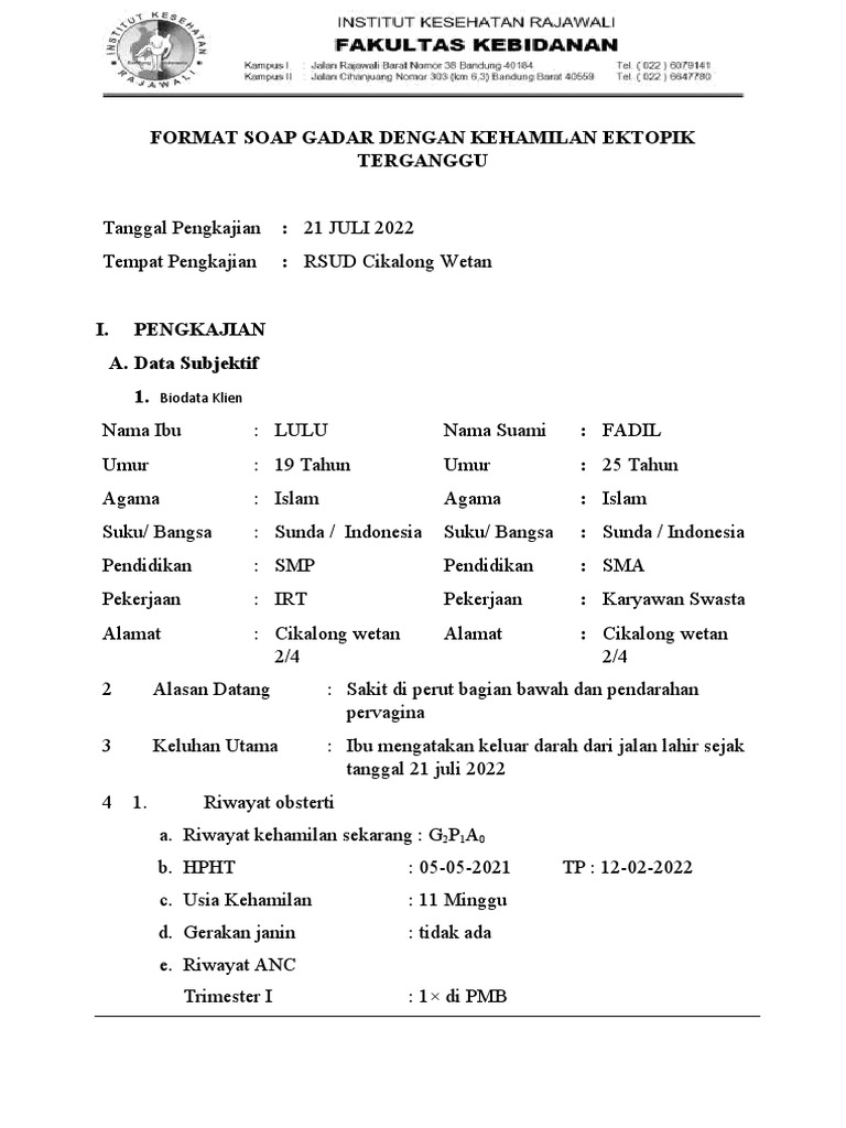 SOAP Kehamilan Ektopik Terganggu | PDF | Kesehatan Holistik
