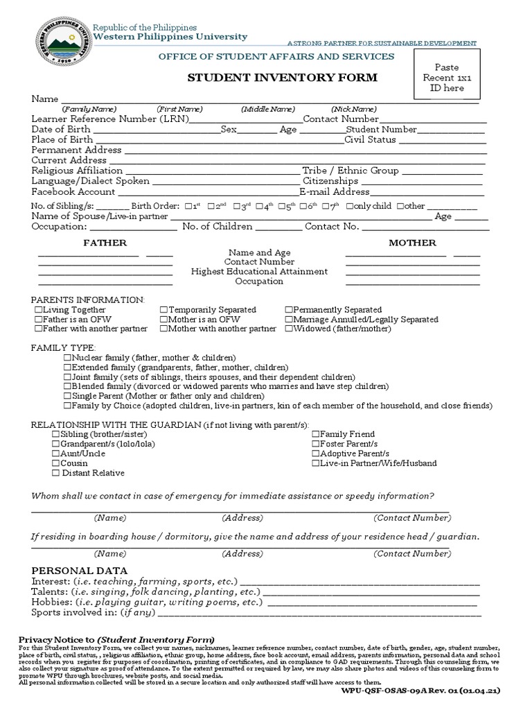 Student Inventory Form: Western Philippines University Office of ...