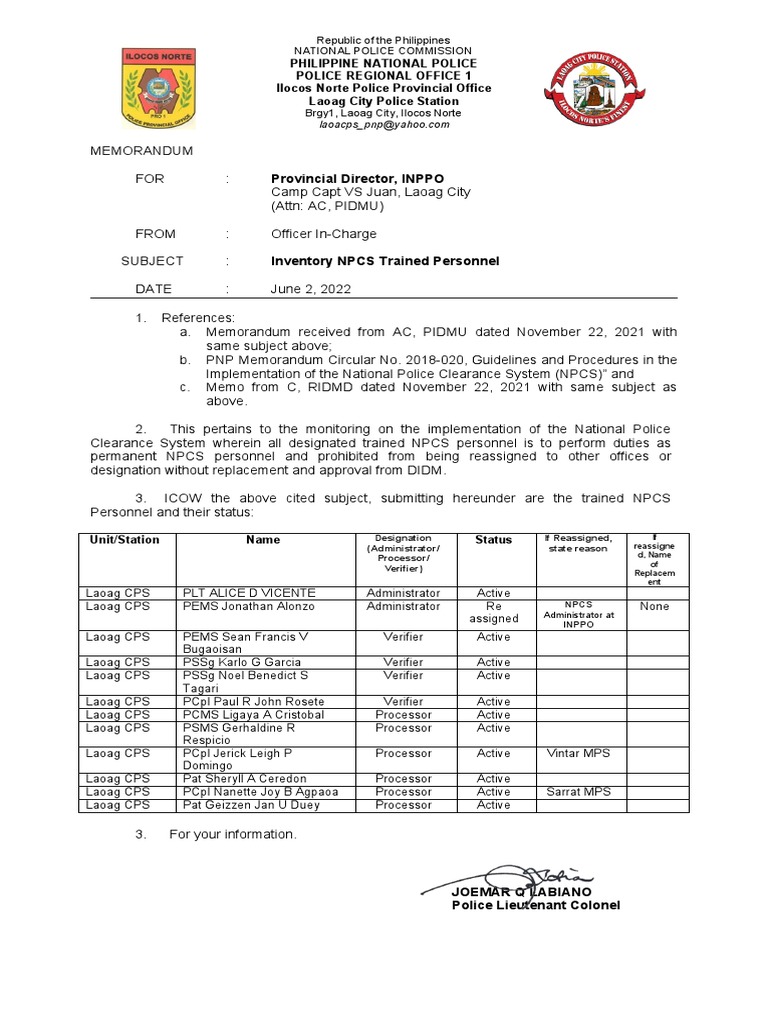 Update On The Status of NPCS Trained Personnel (As of Jun 2, 2022 ...