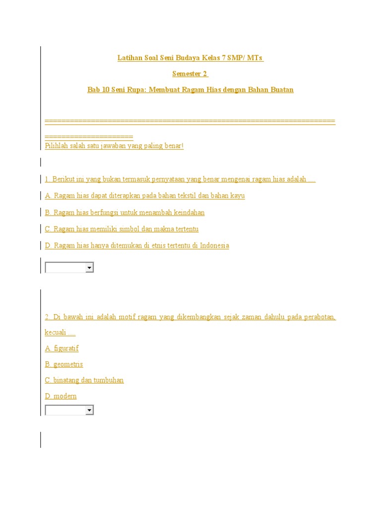 Latihan Soal Seni Budaya Kelas 7 SMP | PDF
