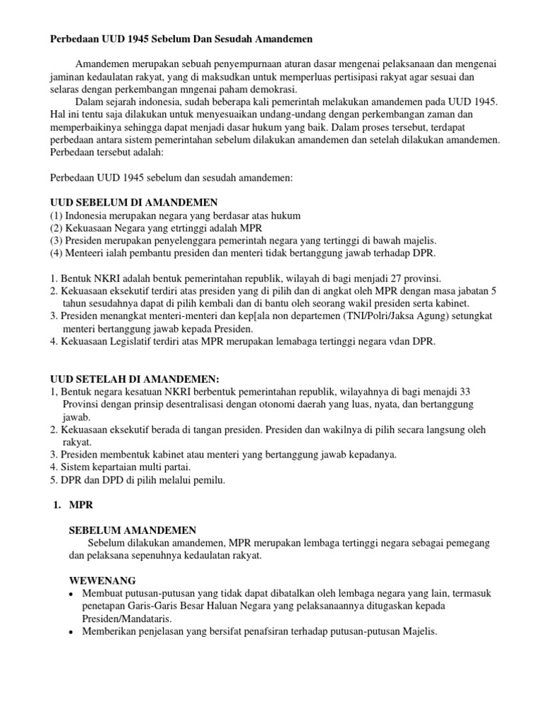 Perbedaan Uud Sebelum Dan Sesudah Amandemen (MPR, DPR, Presiden, MK) by Asriyanti | PDF