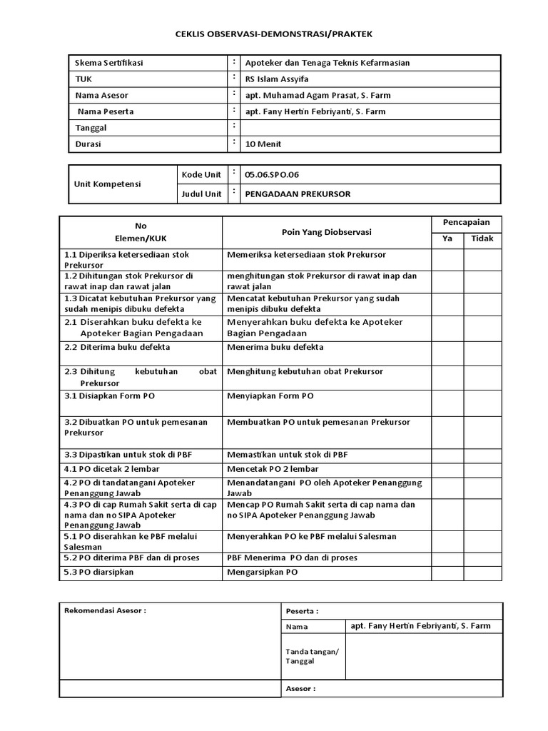Checklist Observasi Po Prekursor | PDF