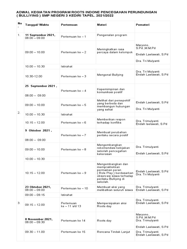 Adwal Kegiatan Program Roots Indone Pencegahan Perundungan | PDF