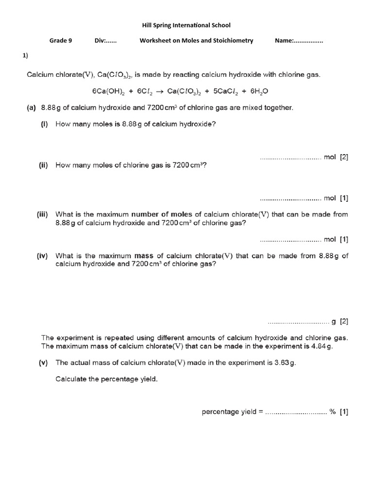Hill Spring International School Grade 9 Div:...... Worksheet On Moles ...