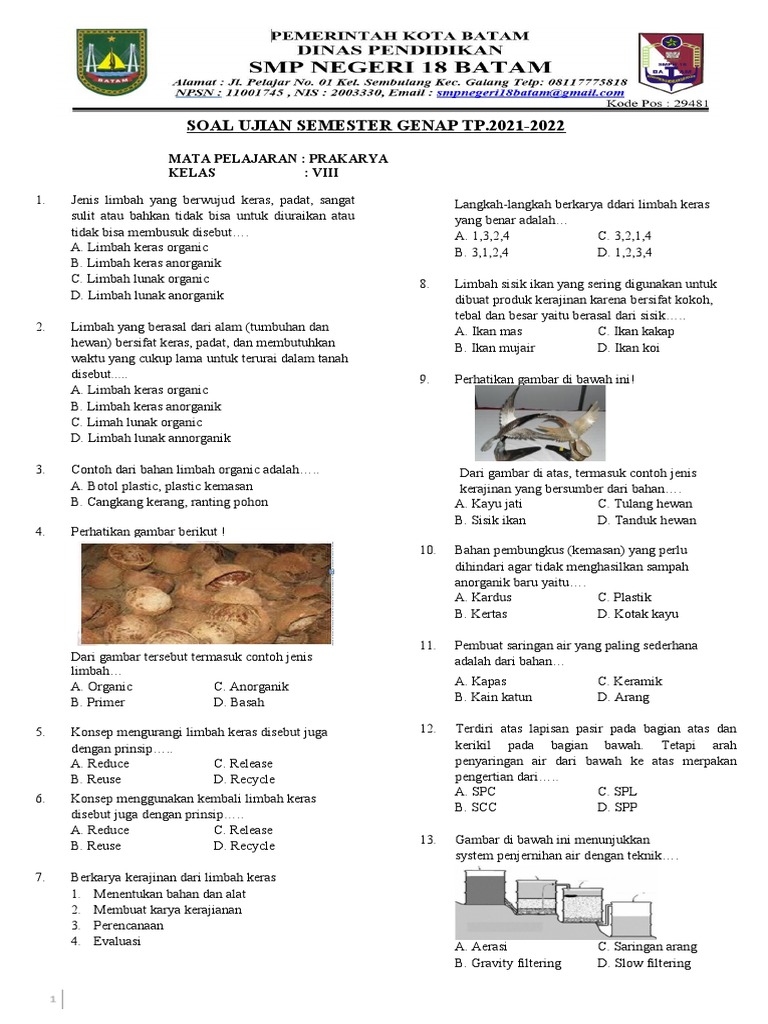 [JUDUL]: SOAL UJIAN SEMESTER GENAP TP. 2021-2022 MATA PELAJARAN PRAKARYA KELAS VIII | PDF