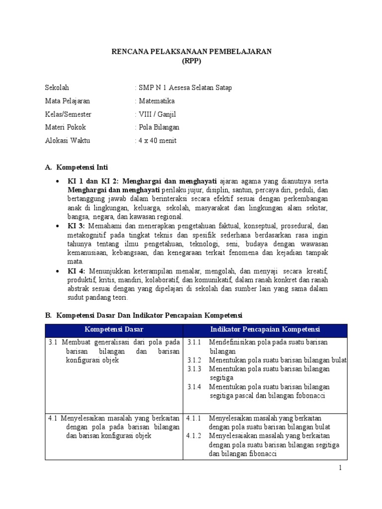 RPP Pola Bilangan Model PBL | PDF