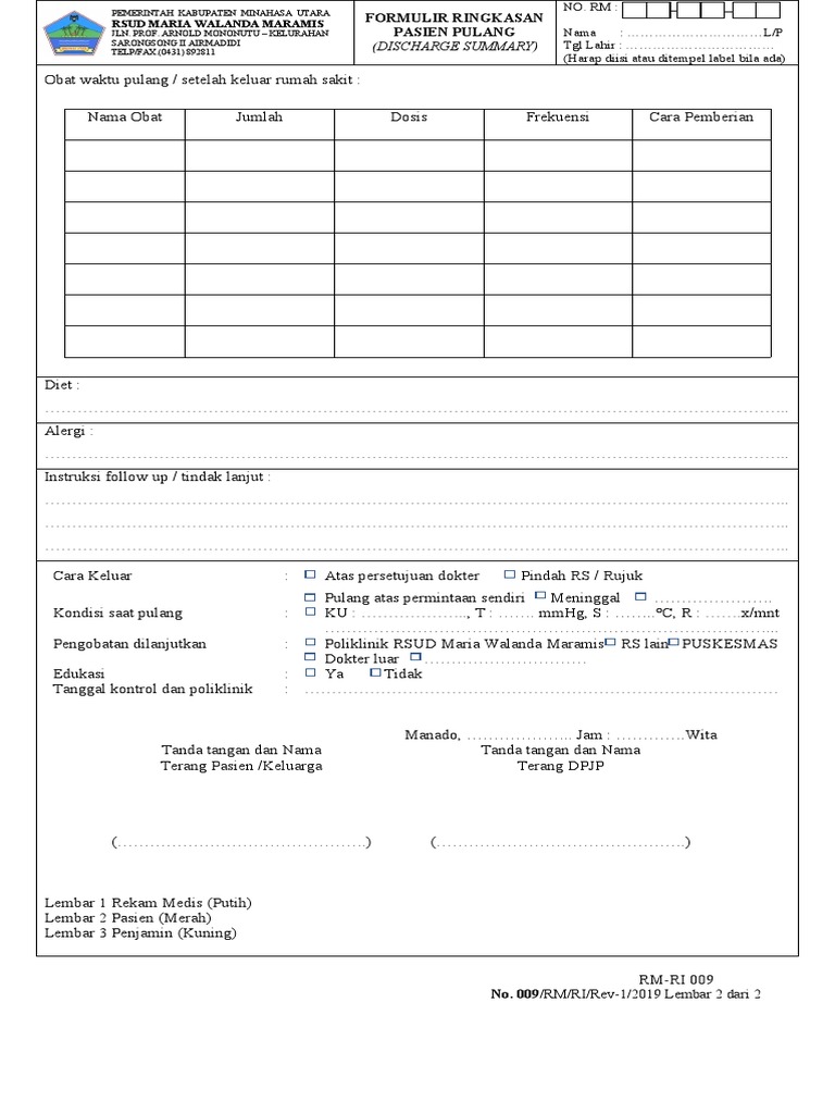 009 Form Ringkasan Pasien Pulang | PDF