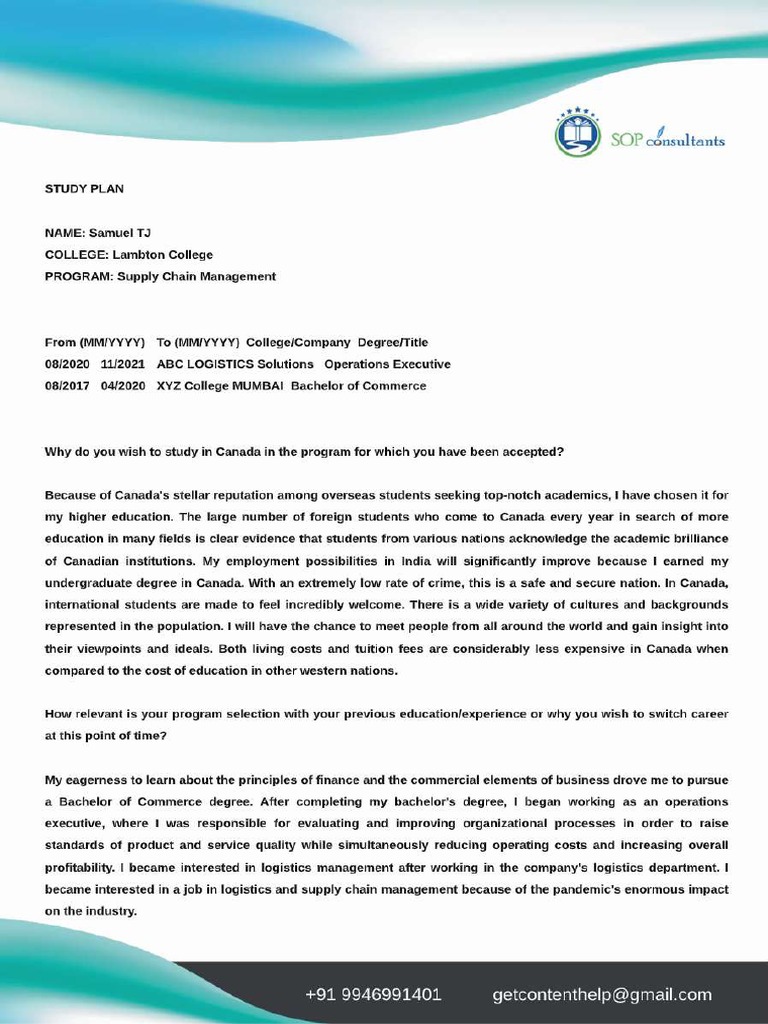 Study Plan Sample PDF For Canada Visa | PDF