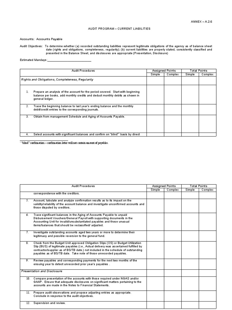 ANNEX - A.2.6 Audit Program - Current Liabilities Accounts: Accounts Payable | PDF | Accounts ...